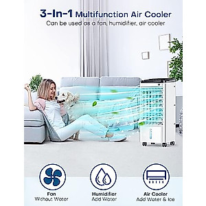 TEMEIKE Portable Air Conditioner, 3-IN-1 Evaporative Air Cooler Windowless, 4 Modes & 3 Speeds Personal Swamp Cooler w/Humidifier, Remote & 12H Timer, Evaporative Cooler for Room Home Office, 22-Inch