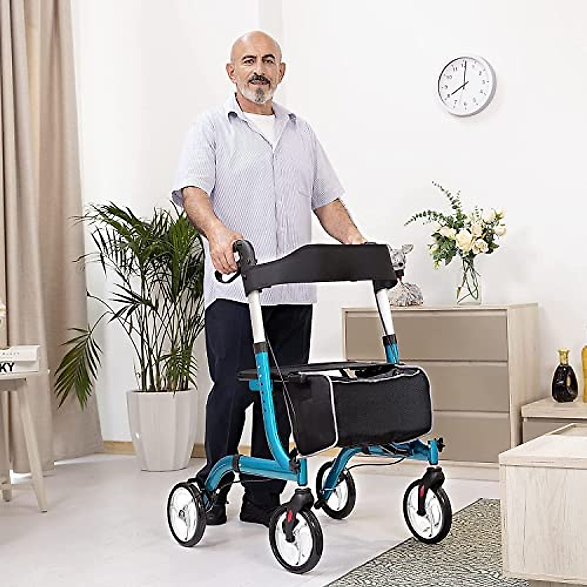 Winlove Rollator Walkers for Seniors-Folding Rollator Walker with Seat and Four 8-inch Wheels-Medical Rollator Walker with Comfort Handles and Thick Backrest-Lightweight Aluminium Frame,Blue
