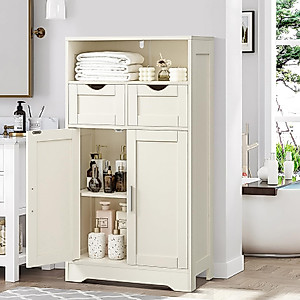Iwell Tall Storage Cabinet, Bathroom Cabinet with 2 Drawers & 2 Adjustable Shelves, Bathroom Floor Cabinet for Living Room, Home Office, Soft White