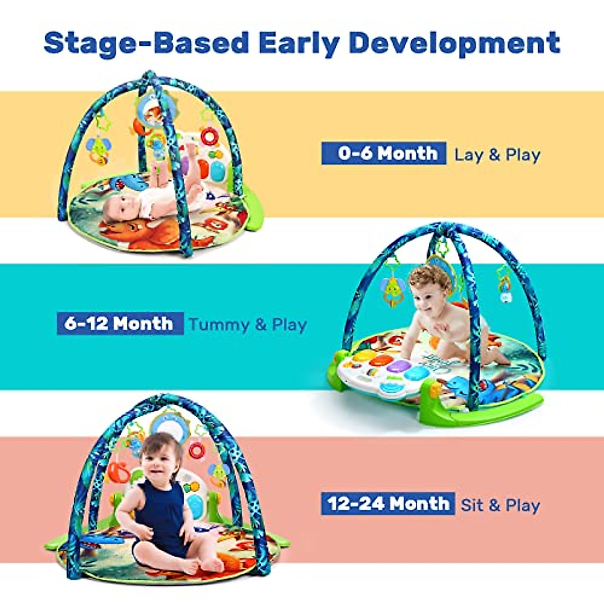 HOLYFUN Baby Gym Play Mat for 0 6 12 Month, Play Piano Keyboard, Tummy Time Playmats, Musical Activity Center with Sensory Teether Baby Toys, Early Learning Gift for Newborn Infants