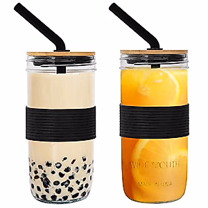 Mason Jar with Lid and Straw, 24oz Wide Mouth Mason Jar Drinking Glasses Tumbler Silicone Straw Bamboo Lid Silicone Sleeve, Reusable Boba Cups Travel Bottle for Iced Coffee Large Pearl Juice, Black