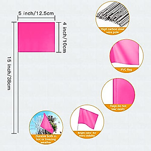 IKAYAS 100 Pack Marking Flags Marker Flags for Lawn 4 * 5 Inch Pink PVC Small Yard Flags Stake Flags on 15 inch Steel Wire, Lawn Flags, Yard Flags, Garden Flags