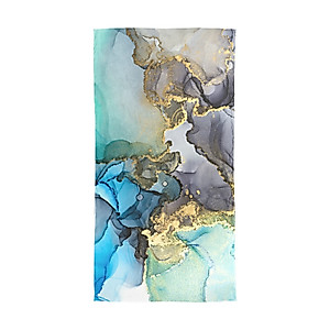 Mixed Blue, Grey, Golden Alcohol Ink Abstract Marble Texture Women Long Silk Scarf, Shawl Chiffon Large Stole Headscarf, Lightweight Sunscreen Satin Scarves Wraps for Wedding Party Gift