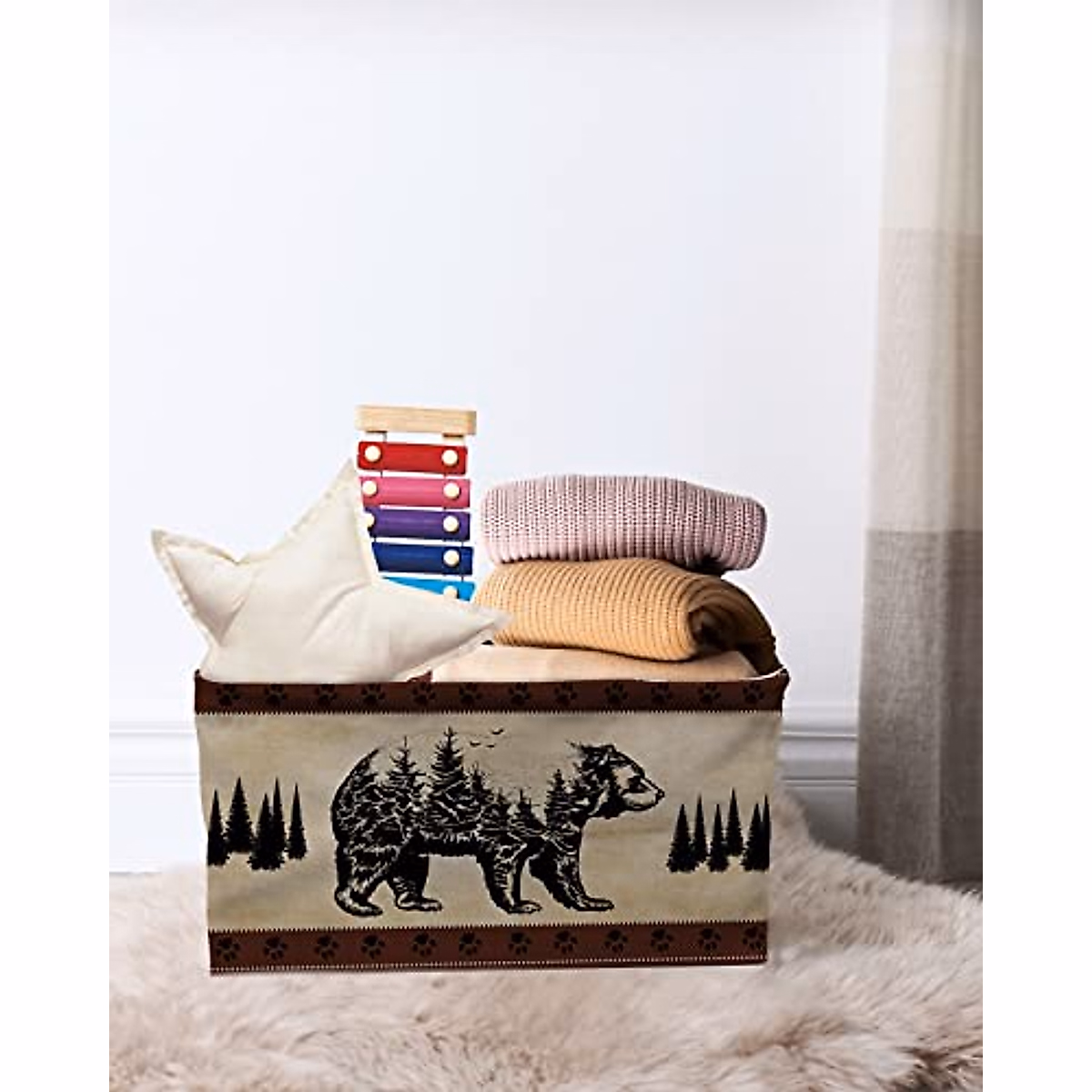 Bear Pine Trees Silhouettes Storage Basket for Shelves, Retro Paper Storage Cube Fabric Storage Bins, Closet Organizers with Handles for Book, Toys, Cloth, 15x11x9.5 Inch