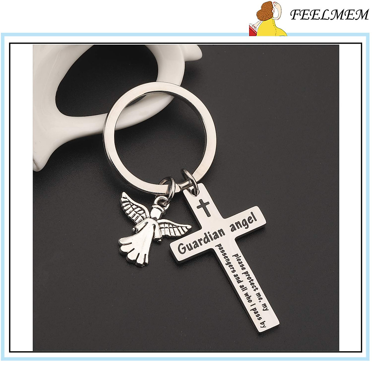 FEELMEM Guardian Angel Prayer Cross Keychain Guardian Angel Protect Me My Passengers By Safe Drive Safe Trip Travel Safely Keyring Motorist Prayer Gift (silver)