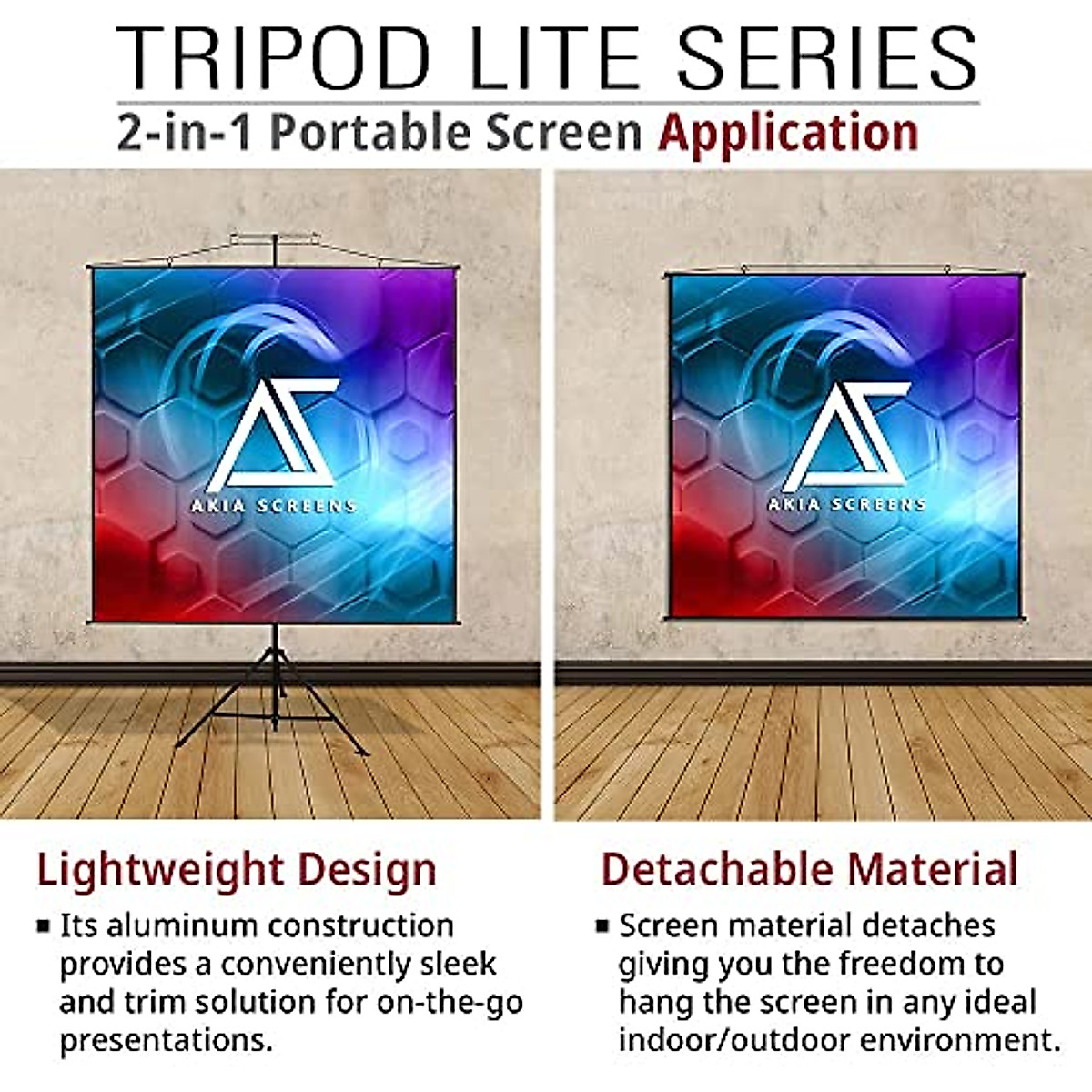 Akia Screens 2 in 1 110 inch Portable Projector Screen with Stand and Carry Bag 4:3 16:9 8K 4K HD 3D, Stand or Wall Mount Tripod Projection Screen for Outdoor Movie Home Theater, AK-T110VLITE (Black)