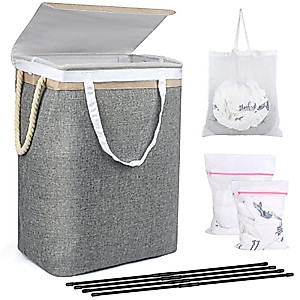 BVOPLME Large Laundry Basket with Handles, Collapsible Tall Dirty Clothes Hamper with 1 Removable Storage Liner Bag & 2 Mesh Bags, Portable Towel Basket with Lid for Clothes, Toys, Pillows in the Dorm