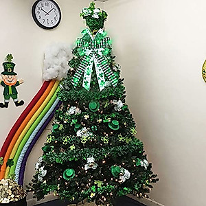 Saint Patrick's Wreath Bows St. Patrick Bows with Mini LED Glitter White Clover Plaid Burlap Bow for Wreaths, St Patrick's Day Ribbon Bows Tree Topper Bows for Indoor Outdoor Decoration Supplies