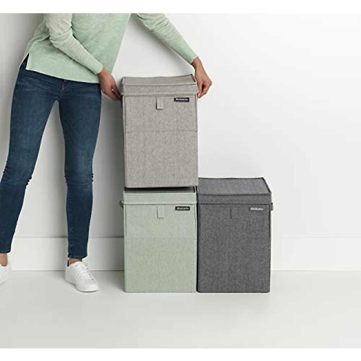 Brabantia - Stackble Laundry Box - Front and Top Opening - Space Efficient - Easy to Unload - Lightweight Grips - Large Opening for Dirty Clothes - Green - 35L