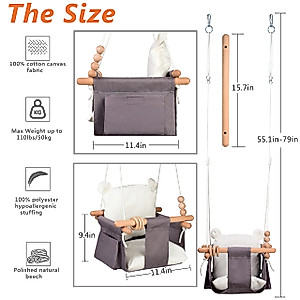 Baby Hammock Swings, Canvas Baby Hanging Swing with Safety Belt & Cotton Cushion Seat, Hanging 2 Side Pockets Safe Outdoor Swings