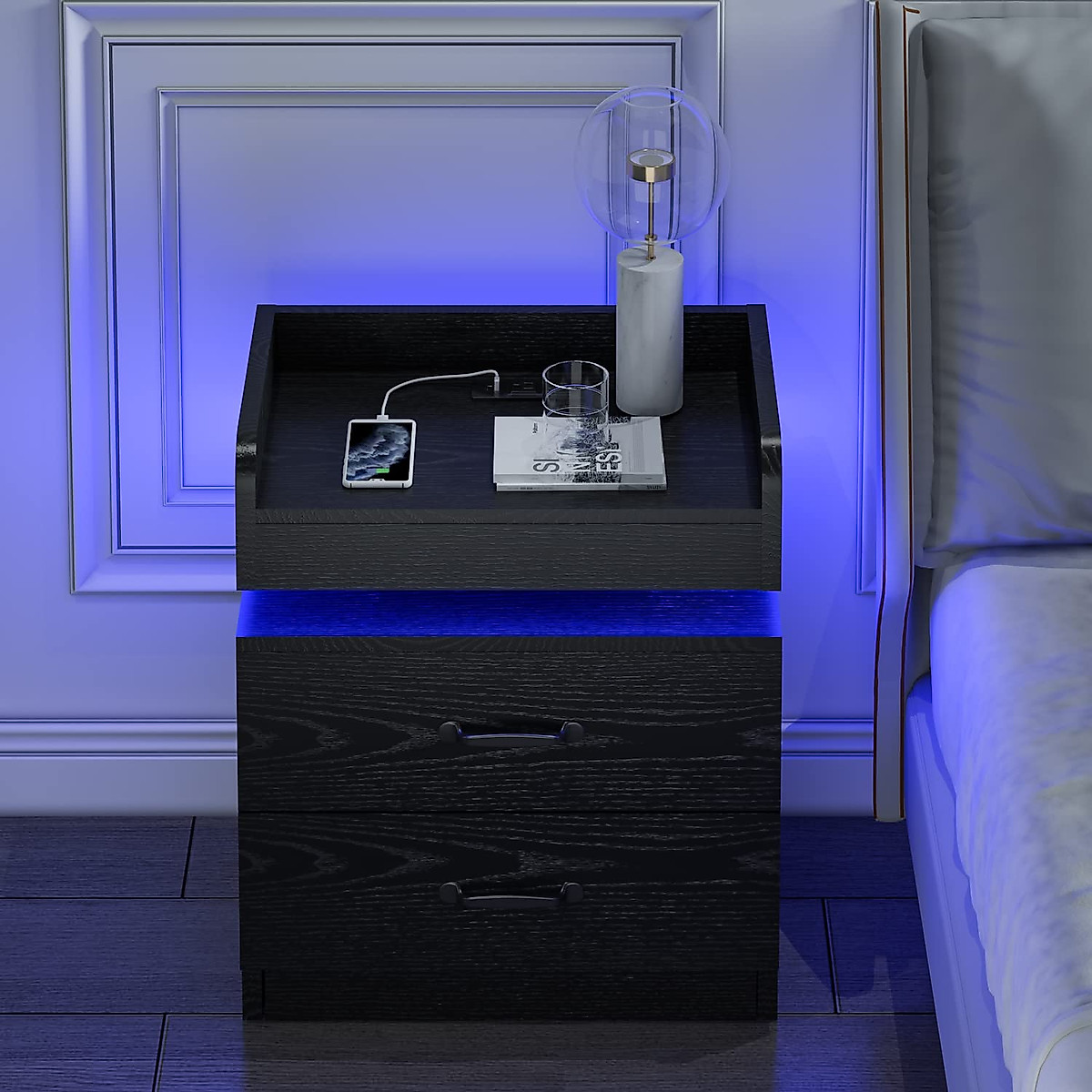 4ever2buy Black Night Stand with LED Light, Bedroom Night Stand Charging Station, LED Nightstand with 2 Drawers, Bedroom Side Table for Bedroom, Living Room