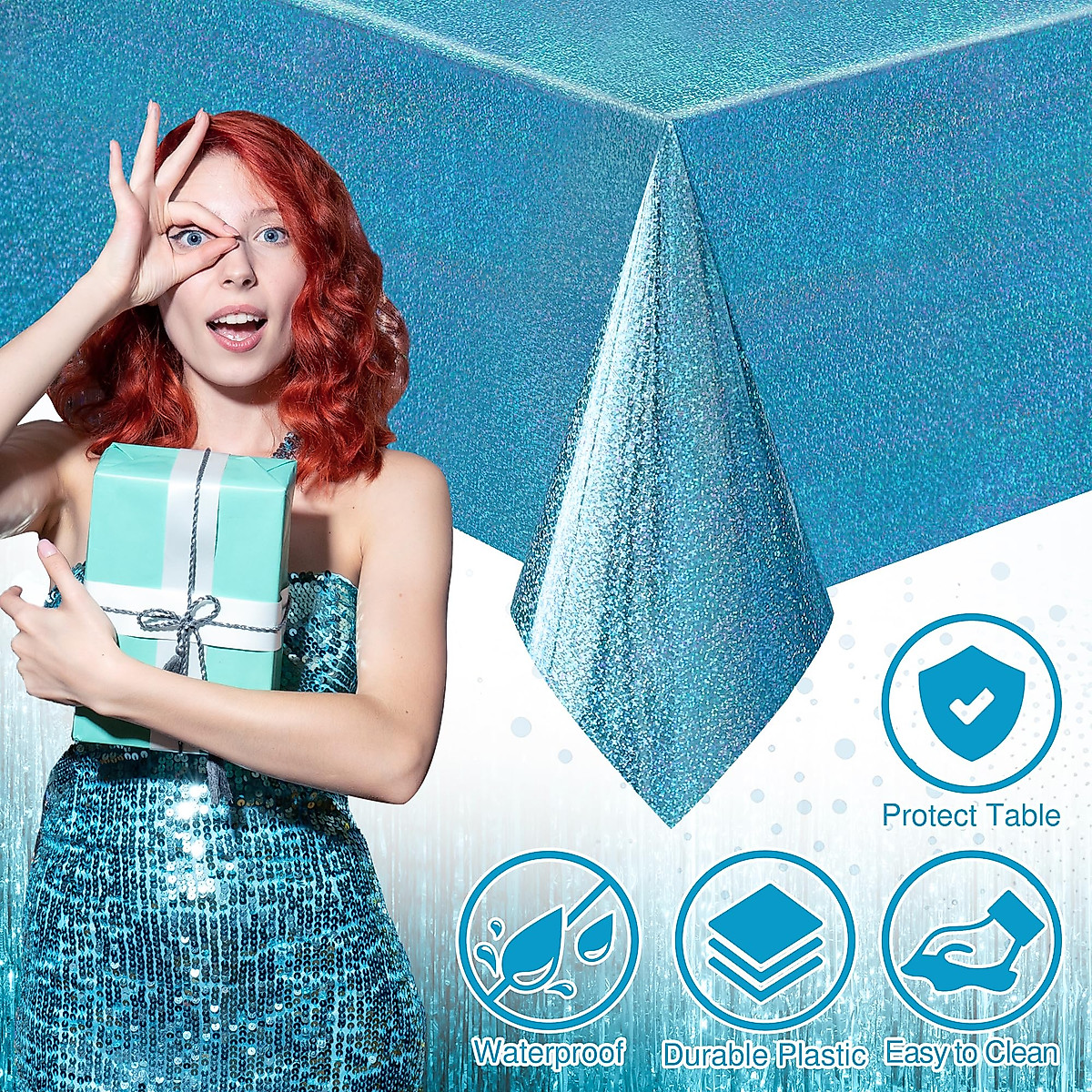 2pcs Blue Holographic Laser Tablecloths 40" x 108" Plastic Table Cloths for Parties Shimmer Shiny Party Decoration for Winter Ocean Princess Birthday Party Wedding Baby Shower Christmas Decor