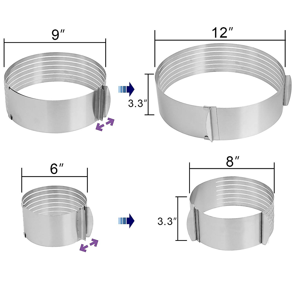 KEILEOHO Layer Cake Slicer Set, 2 PCS Stainless Steel Adjustable 7 Layered Bread Cutter Ring with Respective Diameter of 6-8 Inches and 9-12 Inches 3.4 Inches High