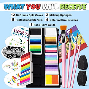 Drawdart Professional Face Painting Kit for Kids Adults, Split Cake Face Paint Palette 12 x 10gm with Stencil, One Stroke Non Toxic Rainbow Face Body Paint Set Halloween Christmas Makeup