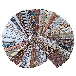 50PCS 4 X4 Inches Different Patterns Brown Cotton Craft Printed Fabric DIY Handmade Material Set Bundle Patchwork Squares for Home Crafts Sewing Scrapbooking Quilting