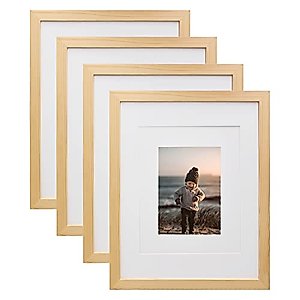 KINLINK 11x14 Picture Frames Natural Wood Frames with Acrylic Plexiglass for Pictures 5x7/8x10 with Mat or 11x14 without Mat, Tabletop and Wall Mounting Display, Set of 4
