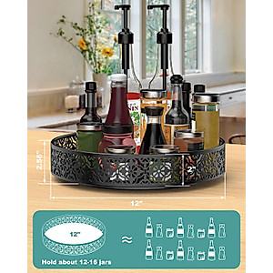 Lazy Susan Organizer, 12 Inch Lazy Susan Turntable for Cabinet, Turntable Organizer for Pantry Vanity Tray Countertop Spice Rack Kitchen Bathroom, Large Lazy Susan with 2 Removable Liners, Black