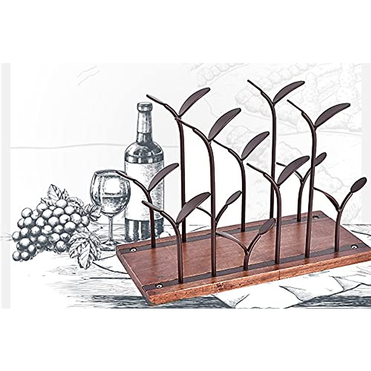 Fadak Countertop Bottle Rack, Tabletop Wood Bottle Holder, Hold 6 Bottles, Perfect for Home Decor & Kitchen Storage Rack, Bar, Cellar, Cabinet, Pantry, etc, Wood & Metal (Bronze)