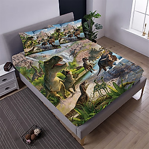 NiuOne 4Pcs Dinosaurs Bed Sheets Set Full for Boys 3D Realistic Dinosaur Green Fitted Sheets Set Ancient Dinosaur Theme Kids/Adults/Teens Bedroom Bedding Sheet Set,Full Size