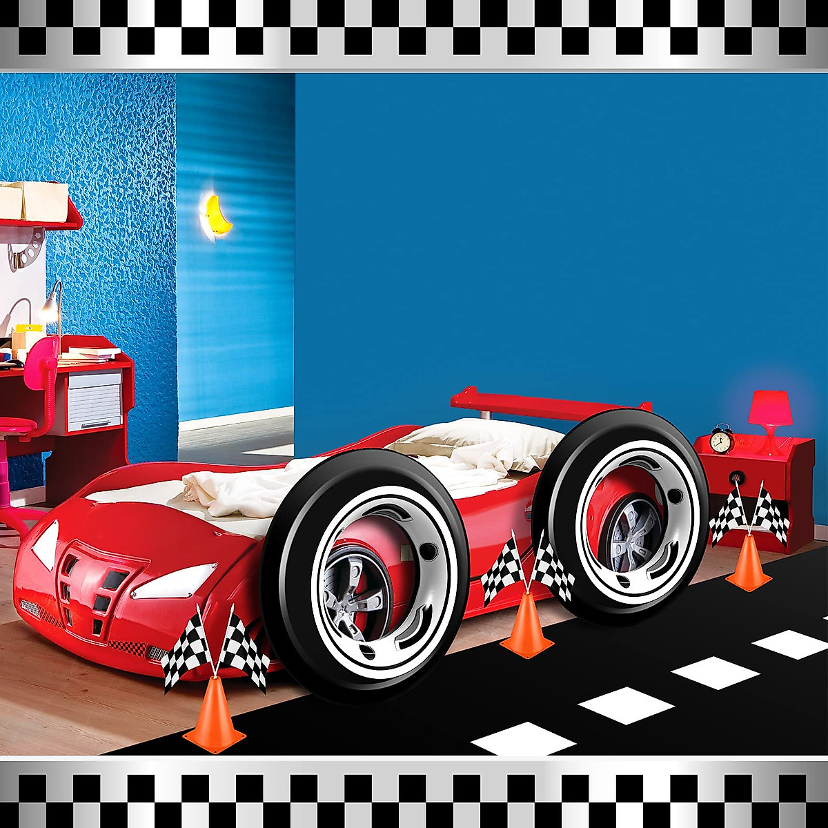 24 Pieces Race Car Party Supplies Include Traffic Cones Checkered Flag Race Flags Checkered Tablecloth Race Track Running Mat and Tire Tube Swimming Ring for Car Themed Birthday Party Decorations