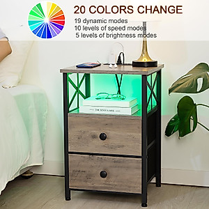 AMHANCIBLE Night Stand Set 2, LED Nightstands for Bedroom Set of 2 with Charging Station, End Table with USB Port and Outlet, Side Table with 2 Storage Drawers for Living Room, Greige, HET052LGY
