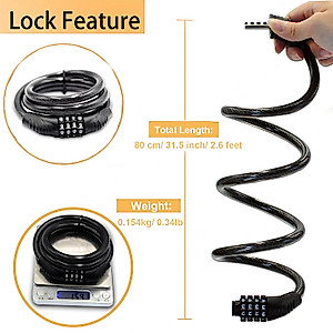 Combination Bike Cable Lock - 4 Digit, 32 inch Long Coiled Security Resettable Cable Lock, Anti-Theft Accessories for Mountain Bike, Road Bike, Electric Bicycle, Kids Scooter