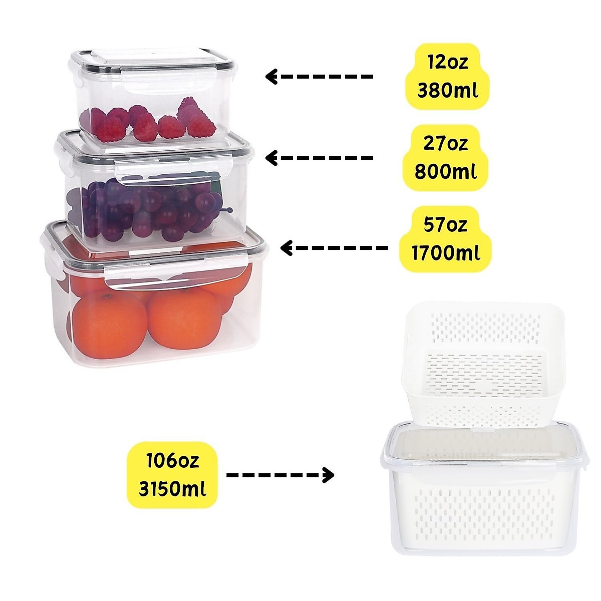 4-Piece Leakproof Fresh Fruit Containers with Strainer Lid - Easy Open & Close Plastic Berry Containers for Fridge