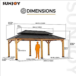 Sunjoy 12 x 20 ft. Wood Gazebo, Outdoor Patio Steel Hardtop Gazebo, Cedar Framed Wooden Gazebo with 2-Tier Metal Roof, Suitable for Patios, Lawn and Backyard, Dark Brown Roof + Natural Wood Frame