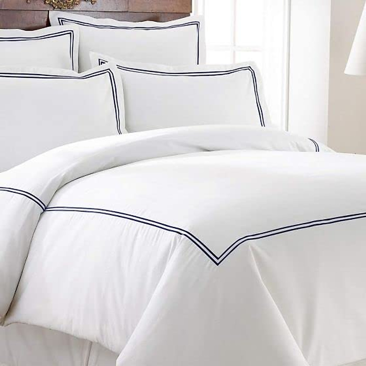 Dainty Homes Two Lines Silky Embroidered = on White Baise Navy Blue Color 500 TC 100% Egyptian Cotton 3 Pieces Duvet Cover with Pillow Shams Olympic Queen Size