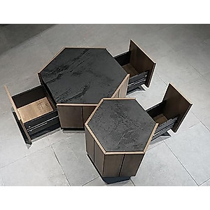 LKTART Hexagonal Rural Style Garden Retro Wood Coffee Table Cocktail Table with 2 Drawers Reception and Living Room Textured Grey Warm Oak