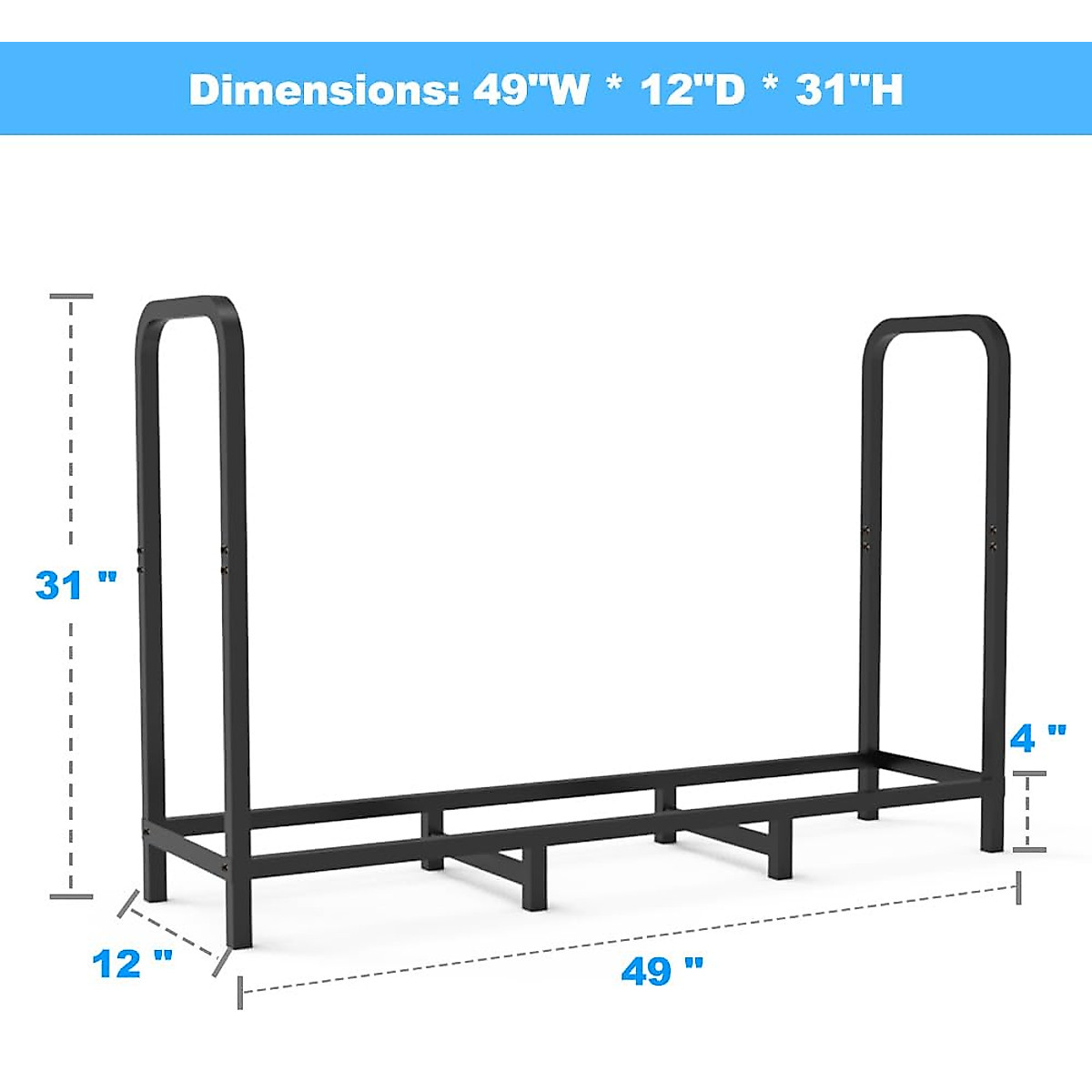 Tikimilor 4ft Firewood Rack Holder, Adjustable Heavy Duty Fire Log Stacker Stand for Fireplace, Outdoor Indoor Metal Wood Pile Storage Organizer, Patio Logs Stand tool, Black