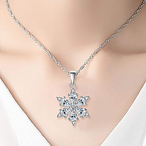 OKA Lucky Snowflake Necklace Long Pendant Necklace with White Cubic Zirconia Silver Jewelry Christmas New Year Holiday Gifts for Women Girls