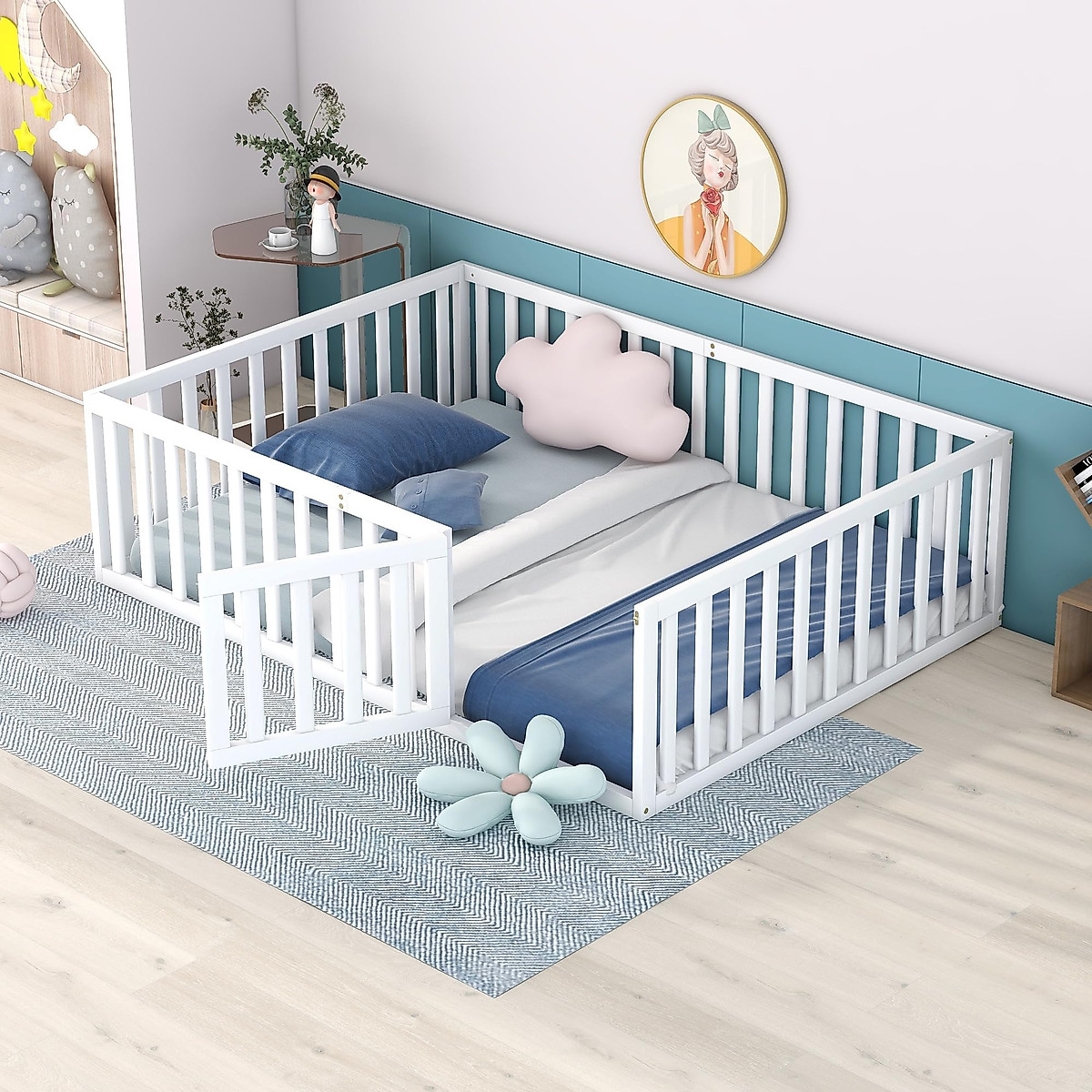 Harper & Bright Designs Full Size Floor Bed with Rails,Montessori Floor Bed Wood Frame with Fence and Door, for Kids Girls Boys (White)