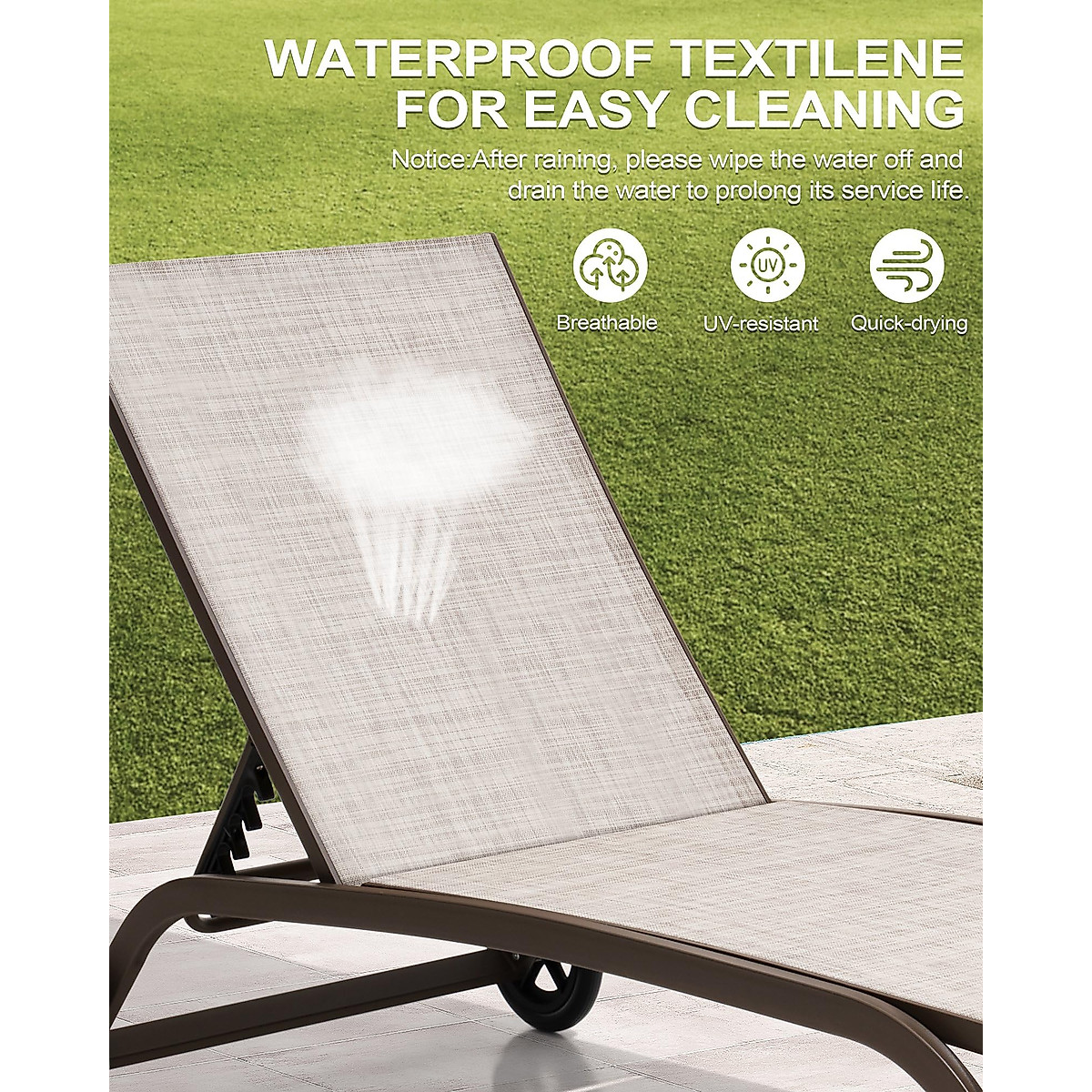 Crestlive Products Aluminum Chaise Lounge Chairs with Wheels Outdoor Adjustable Recliner Five-Position and Full Flat All Weather for Patio, Beach, Yard, Pool (2PCS Beige)