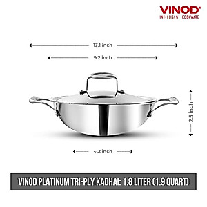 Vinod Platinum Triply Stainless Steel Kadai with Lid: Diameter- 22 cm, Capacity 1.8 Liter (1.9 Quarts)