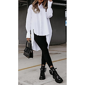 Mayntop Women Cotton Hi-Low Irregular Button-Down Collar Dipped Hem Long Sleeve Loose Shirt Solid Color Plain Business Casual Oversized Side Slit Top BFF Baggy Blouse A White S