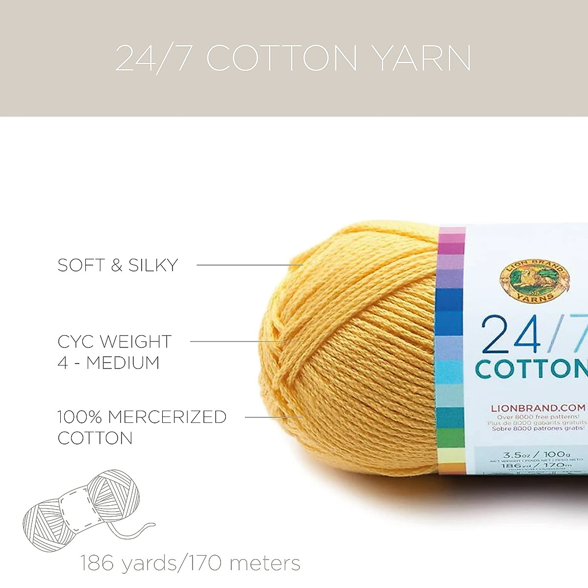 Lion Brand 24/7 Cotton Yarn, Yarn for Knitting, Crocheting, and Crafts, Silver, 3 Pack
