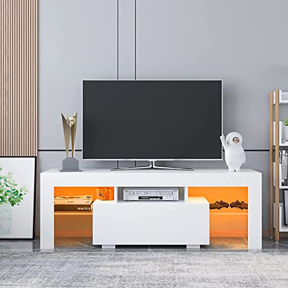 DMAITH White Modern LED TV Stand for 55/60/65 Inch TV, High Glossy Gaming Entertainment Center with Large Storage Drawers, TV Media Center with Display Glass Shelves for Living Room, Bedroom, 002W