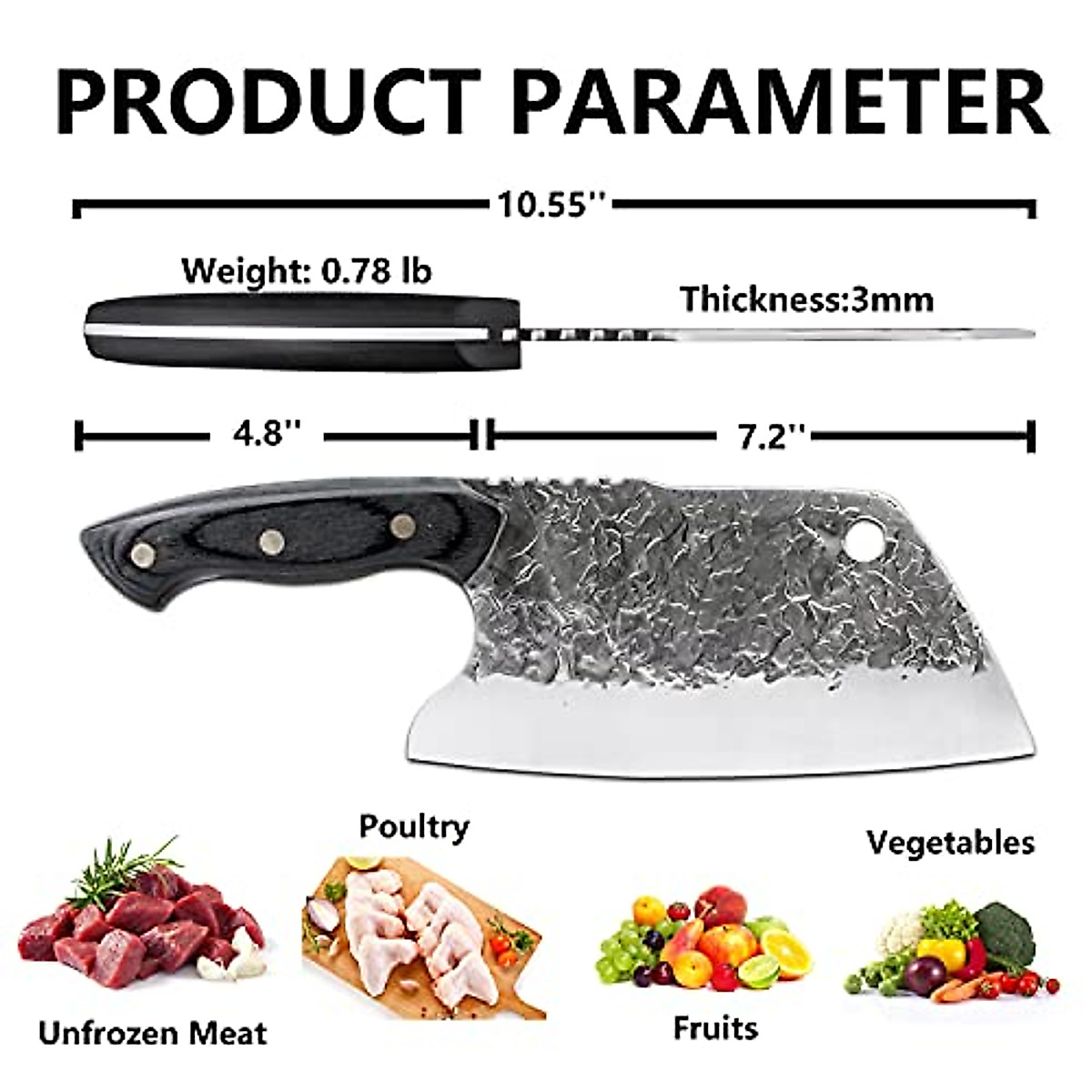 Kitory Cleaver knife, Forged Kitchen Knife, Full-Tang Wood Handle, Hammered Finish for Home & Kitchen Use