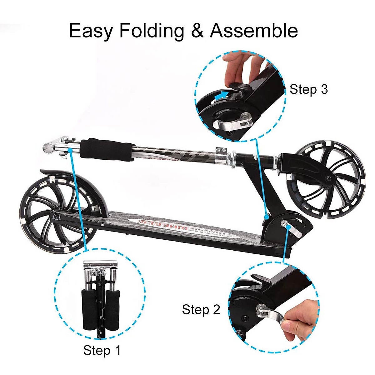 ChromeWheels Kick Scooter, Deluxe 8" Large 2 Light Up Wheels Wide Deck 5 Adjustable Height with Kickstand Foldable Scooters, Best Gift for Age 9 up Kids Girls Boys Teens, 180 lbs Weight Limit, Black