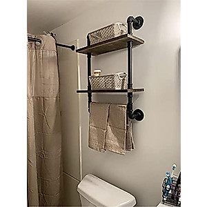 Industrial Pipe Shelf,20in Metal Towel Racks for Bathroom,2-Layer Industrial Pipe Floating Shelves Shelving,Rustic Wood Wall Mount Shelf with Towel Bar,Iron Towel Holder