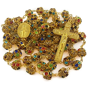 Nazareth Store Gold Plated Rosary Necklace with Colorful Crystallized Beads Miraculous Medal Cross Crucifix