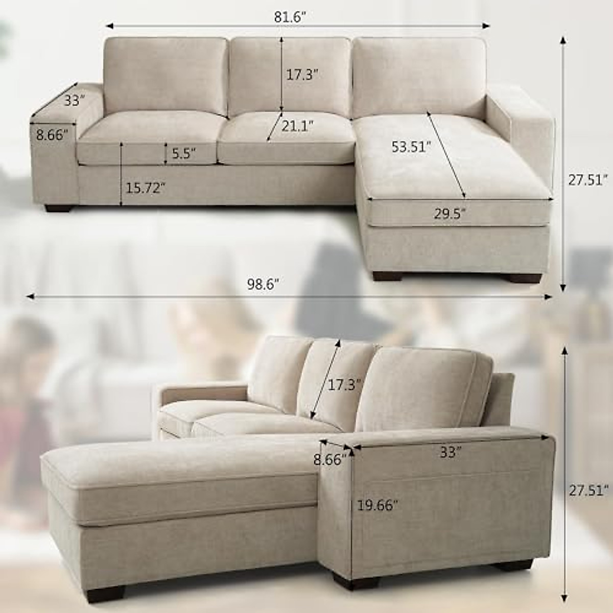 Harkawon 98.6“ Sectional Sofa Couches, Convertible L Shaped Couch for Living Room, Chaise with Storage, Chenille Removable Cover, Couches for Apartment,Dorm, Office
