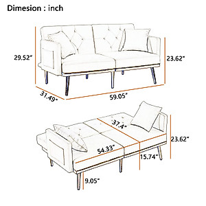 SEVENWOOD Velvet Convertible Loveseat Sleeper Sofa Bed for Small Spaces, Small Sofa Bed Couch with 3 Adjustable Backrest and 6 Gold Metal Legs for Living Room. (Off-White)