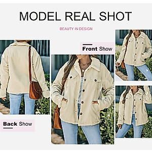 Dokotoo 2024 Fashion Trucker Shacket Jacket for Women Thick Sherpa Lined Fleece Fur Collar Button Down Long sleeve Outwear Winter Fall Warm Coat with Pocket Apricot M