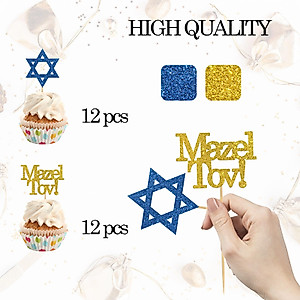 INNORU Mazel Tov Cupcake Toppers, Congratulations Party Decorations, Engagement, Baby Shower, Bar Mitzvah, Birthday, Wedding, Jewish Party Decorations Supplies, Pack of 24 Glitter