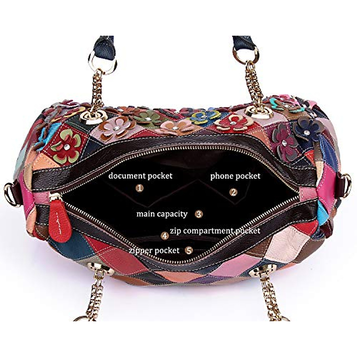 Segater® Women’s Multicolor Floral Boston Bag Genuine Leather Hobo Purses Colorful 3D Splicing Shoulder Bag Ladies Crossbody Bags