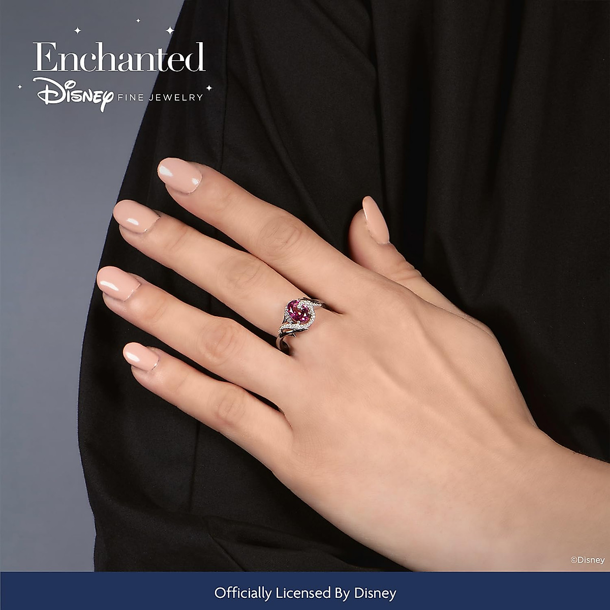 Jewelili Enchanted Disney Fine Jewelry Sterling Silver with Black Rhodium 1/10 CTTW Diamond and Pink Topaz Maleficent Ring Size 9