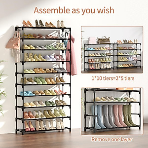 LANTEFUL 10 Tiers Shoe Rack 50 Pairs Large Capacity Tall Shoe Organizer Sturdy Shoe Storage with Two Hooks Space Saving Metal Wide Shoe Rack for Closet, Entryway, Bedroom, Black