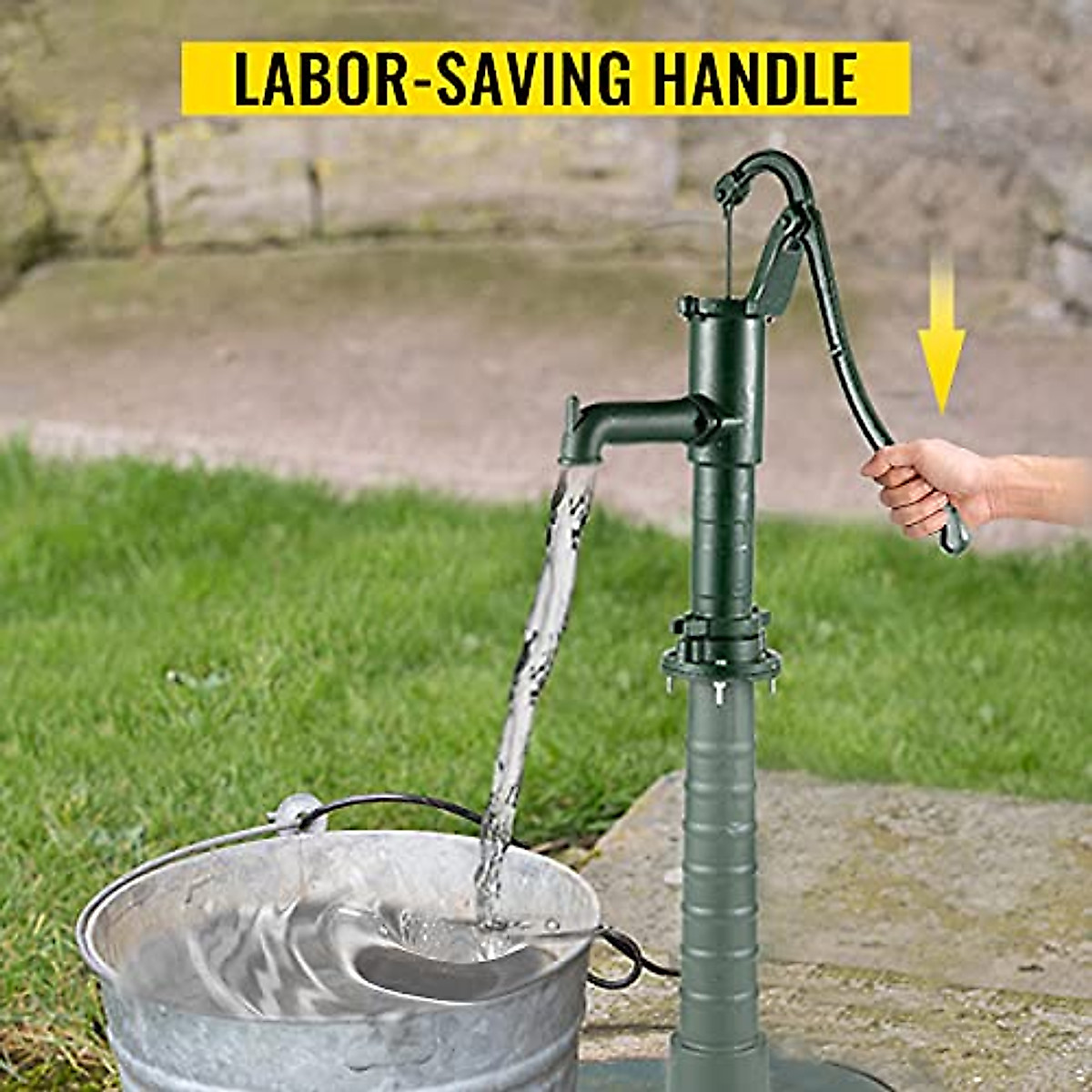 VEVOR Antique Hand Water Pump 14.6 x 5.9 x 26 inch Pitcher Pump w/Handle Cast Iron Well Pump w/ Pre-set 0.5" Holes for Easy Installation Old Fashion Pitcher Hand Pump for Home Yard Ponds Garden Green